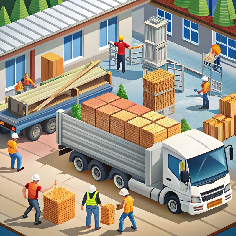 Construction Material Delivery, Showcasing Trucks Unloading Supplies ...