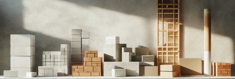 Construction Materials Arranged with Bricks, Wood, and Concrete Blocks ...
