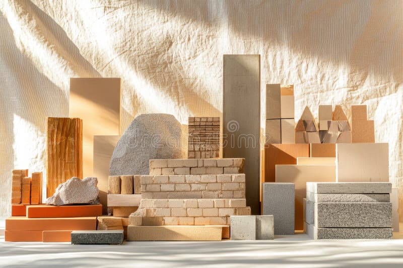 Construction Materials Arranged Creatively Showcasing Bricks, Wood, and ...