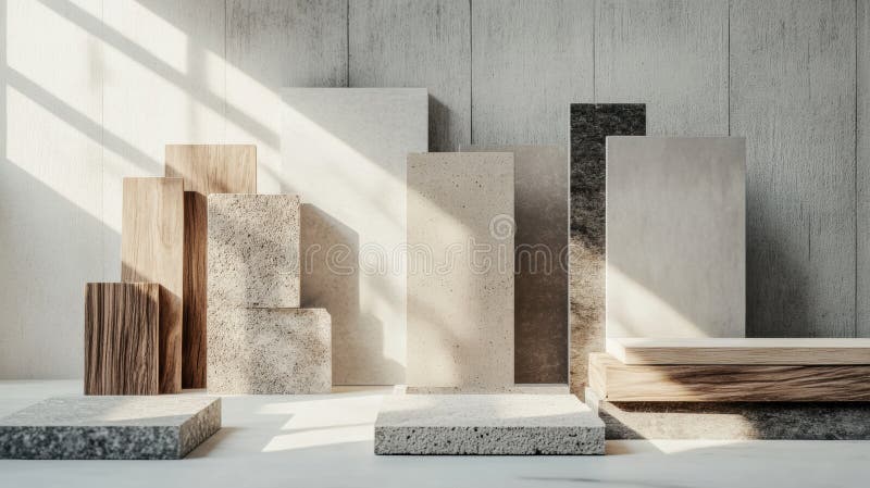 Construction Materials Display Featuring Bricks, Wood, and Concrete ...