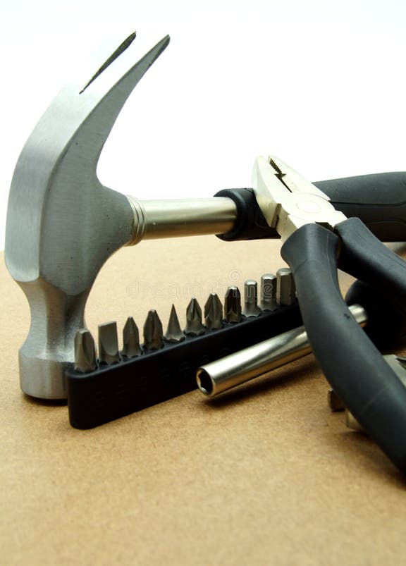 Construction Materials and Hand Tools on Wooden Bo Stock Image - Image ...