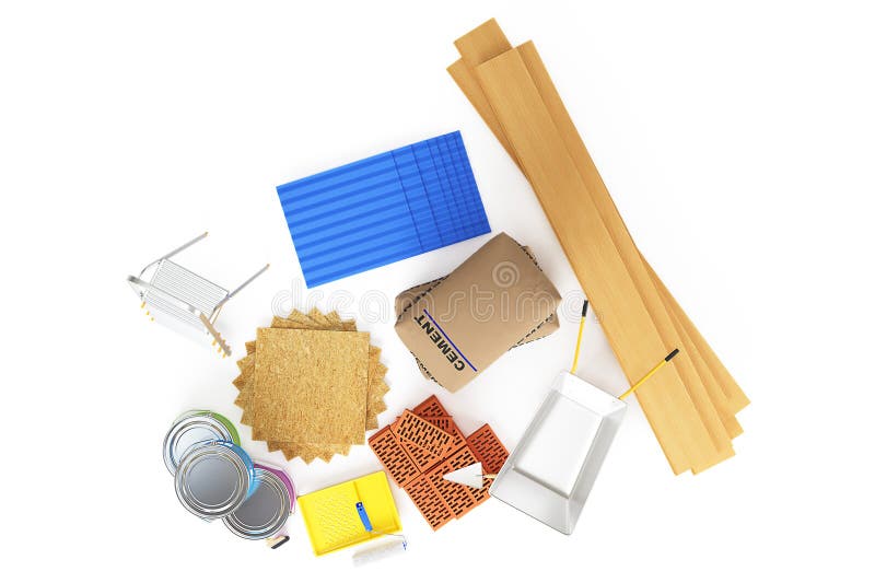 Construction Materials on White Poster Mock Up. 3D Illustration Stock ...