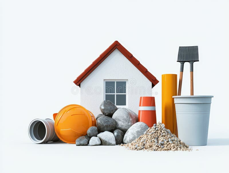 Construction Materials with a Model House Including Tools Rocks and ...