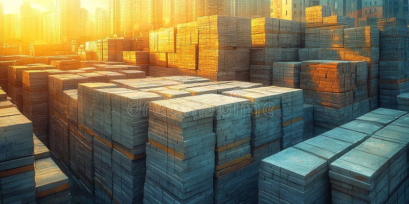 Construction Materials Stacked at Sunset in an Urban Setting with ...