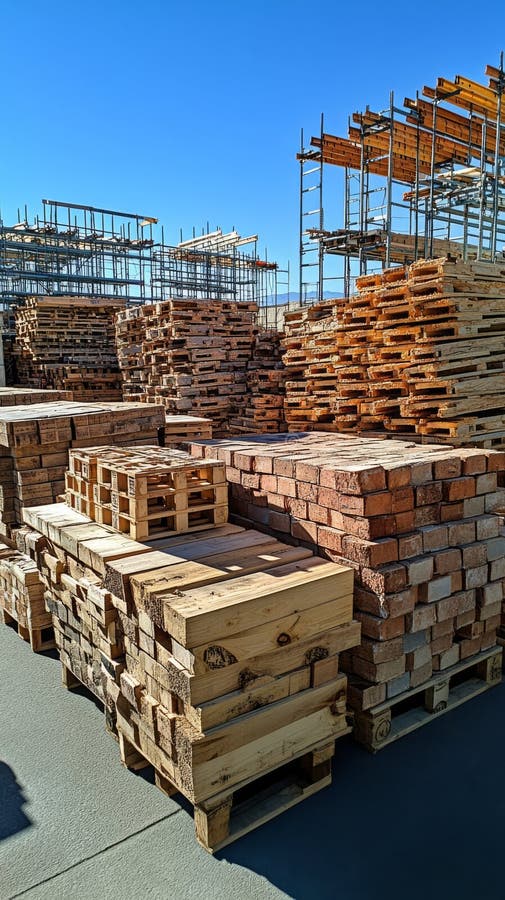 Construction Materials Stacked Under Clear Blue Sky at Building Site ...