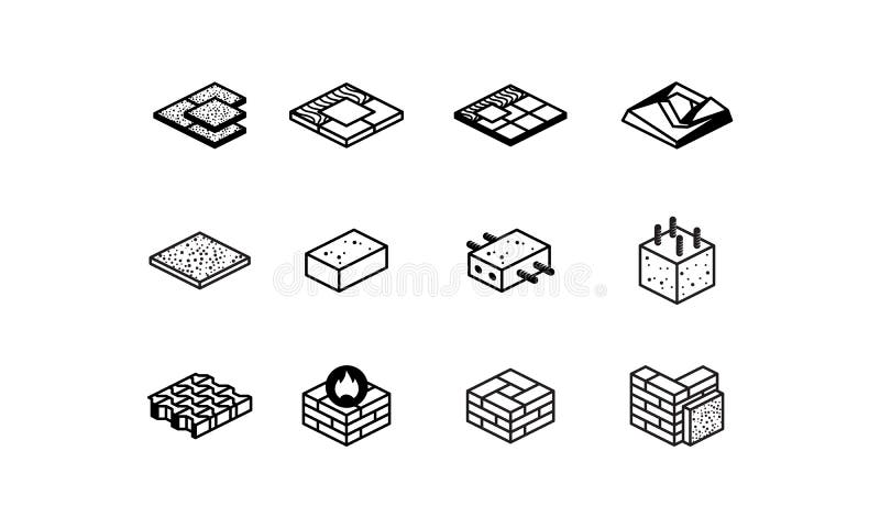 Construction Materials and Structure Icons Set. Vector Linear Isometric ...