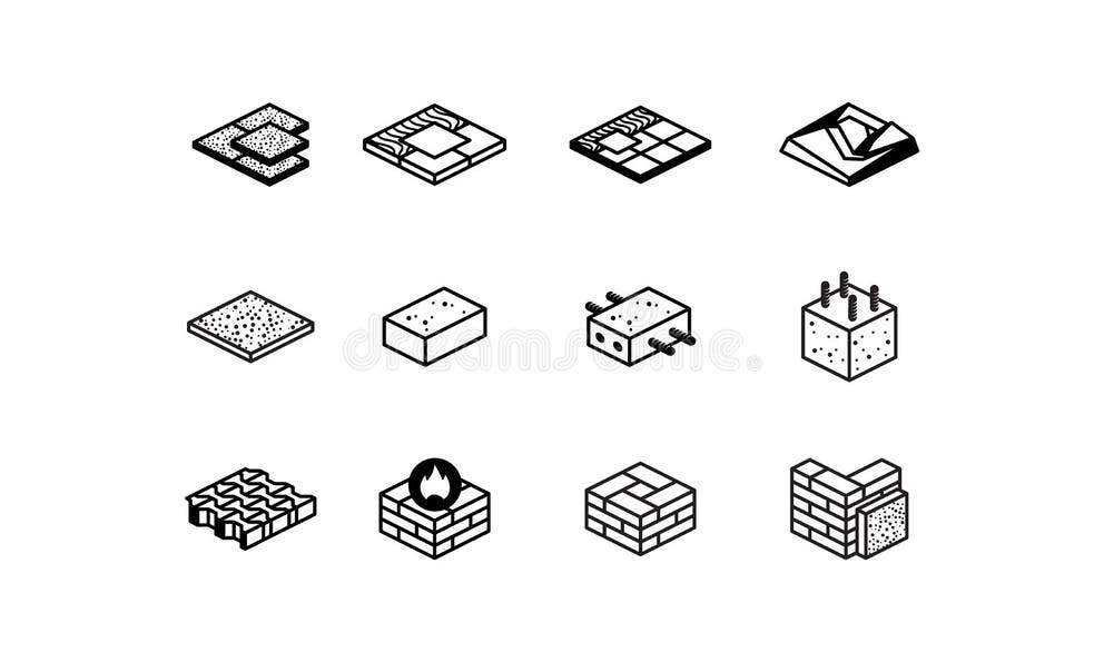 Construction Materials and Structure Icons Set. Vector Linear Isometric ...