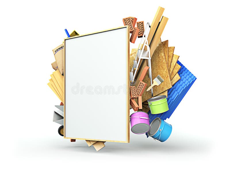 Construction Materials on White Poster Mock Up. 3D Illustration Stock ...