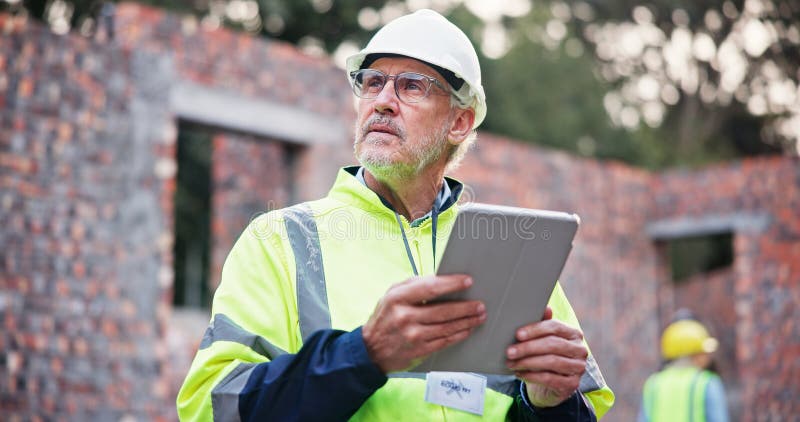 Construction, Mature Man and Tablet on Site for Building Inspection ...