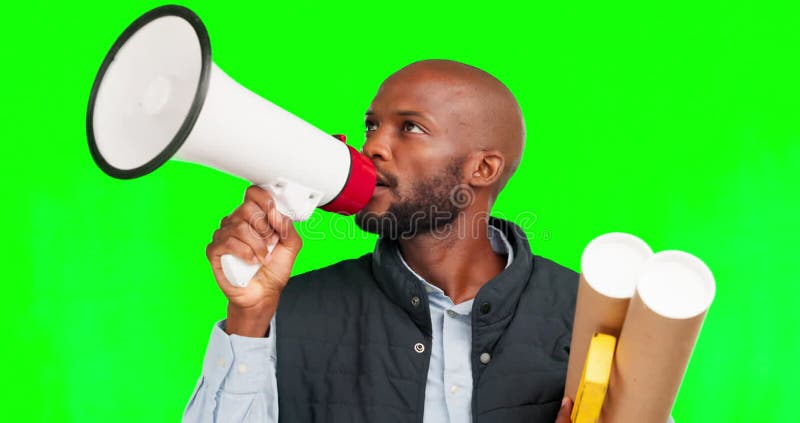 Construction, Megaphone and Black Man Engineer on Green Screen in ...