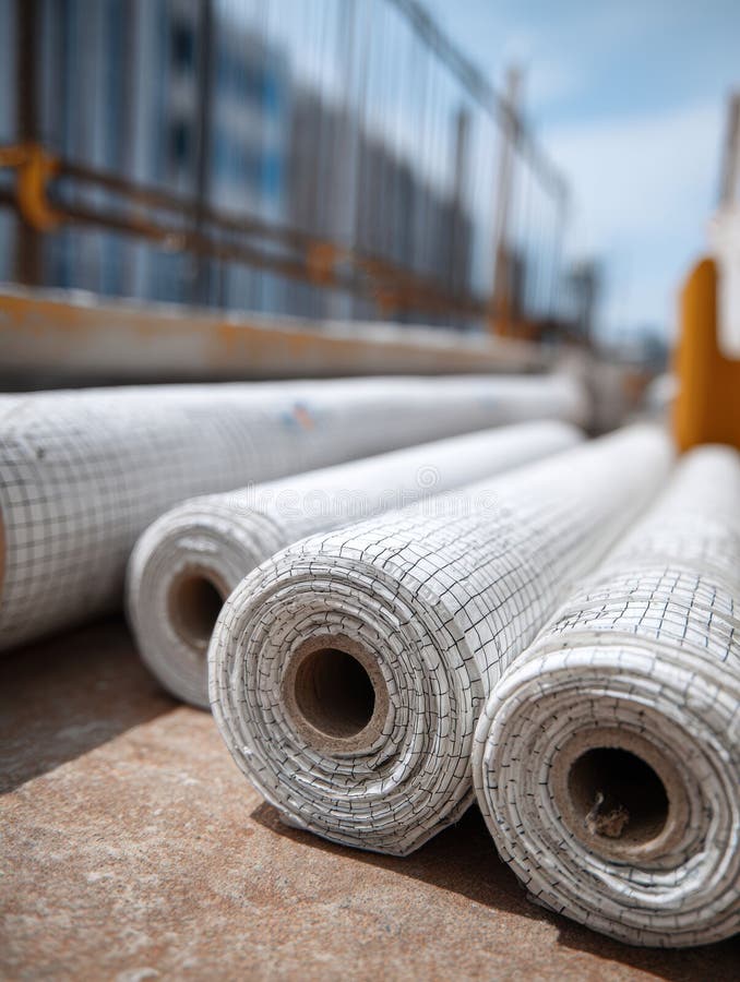 Construction Mesh Rolls Stacked Neatly Against a Neutral Surface on a ...