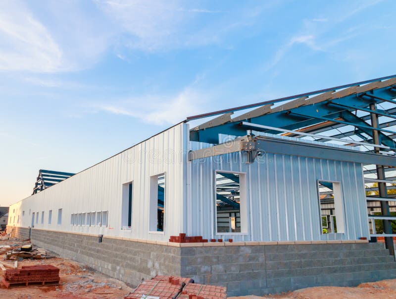Construction of a Metal Warehouse Stock Photo - Image of work, material ...