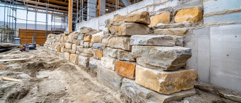 Construction of a Meticulously Arranged Stone Wall at a Building Site ...
