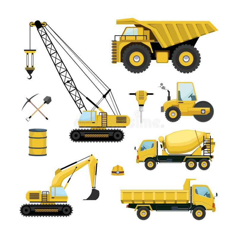 Construction Mining Machine Industries Vector Set Illustration Stock ...