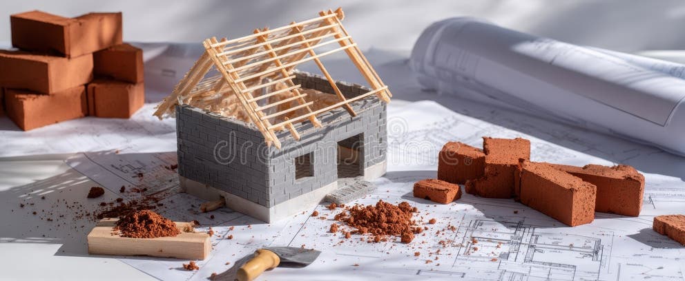 The Construction Model House with Bricks and Blueprints on a Workspace ...
