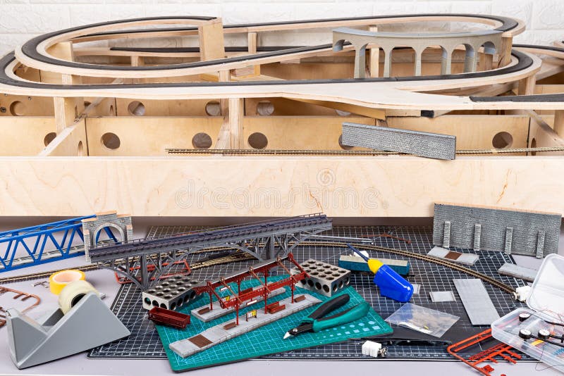 Construction of Model Railroad with Wooden Open Frame Layout. Workbench ...