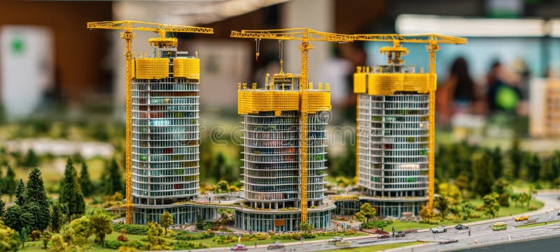 The Construction Model Showcasing Modern Skyscrapers with Cranes and ...
