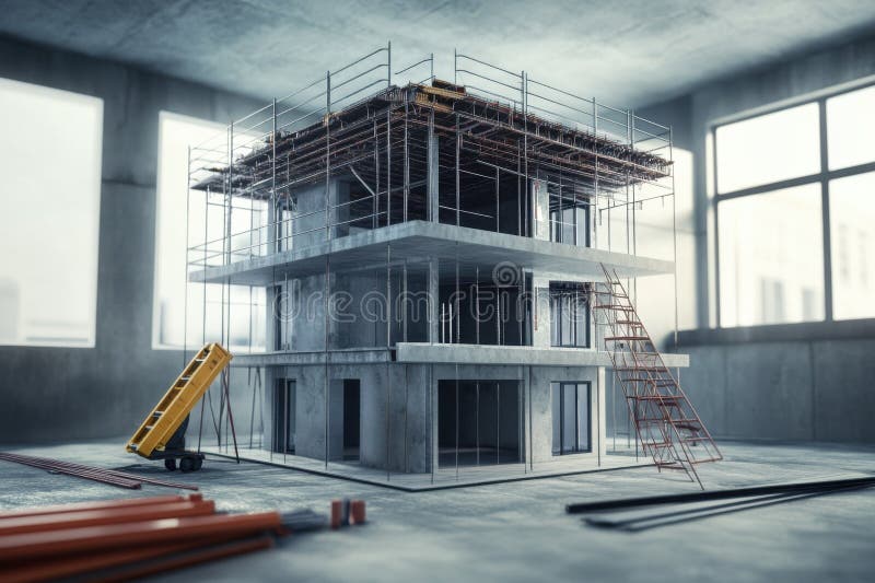 Construction of a Modern Building Structure with Scaffolding and Tools ...