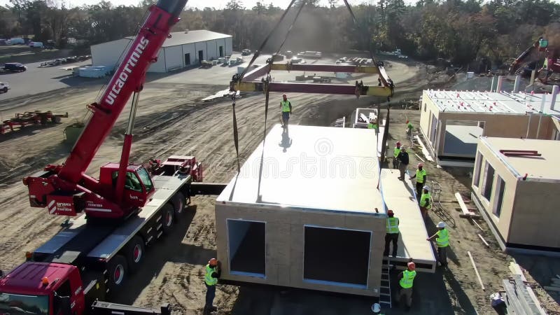 Construction of Modular Home with Crane and Workers on Site Under Clear ...
