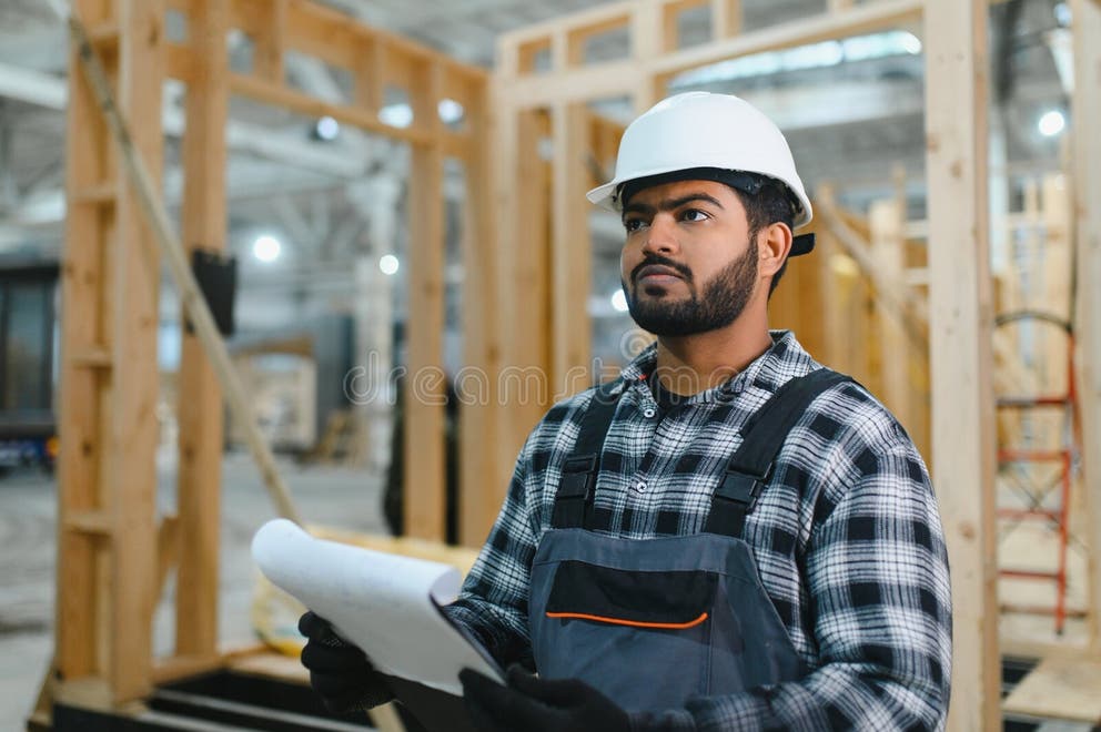 Construction of Modular Houses. Indian Construction Worker or Engineer ...