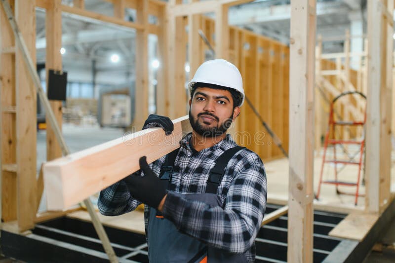 Construction of Modular Houses. Indian Construction Worker or Engineer ...