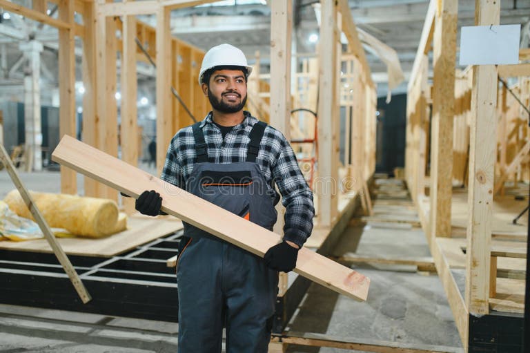 Construction of Modular Houses. Indian Construction Worker or Engineer ...