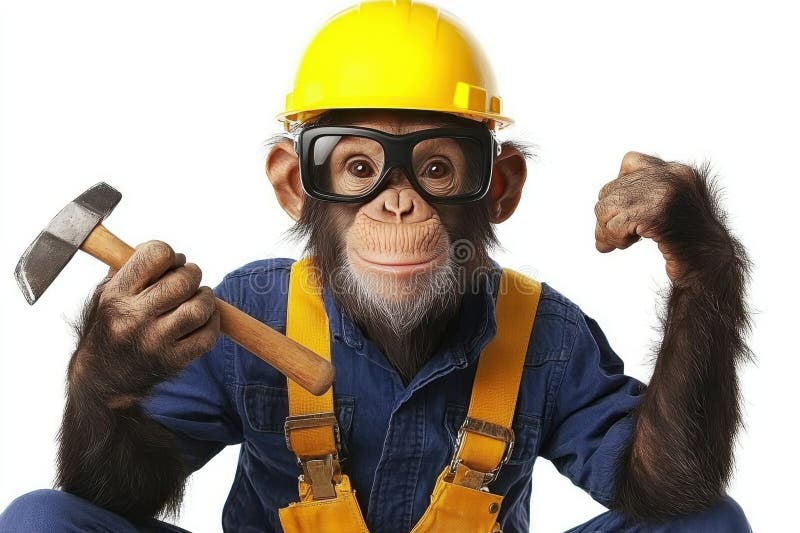 Construction Monkey in Hard Hat and Safety Glasses Holding Hammer Ready ...