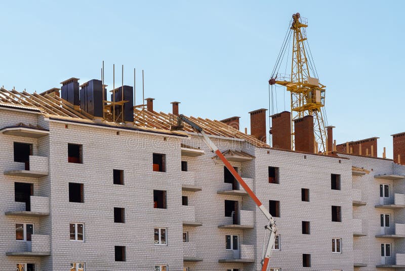 Construction of Multistory Building. Covering Roof Stock Photo - Image ...