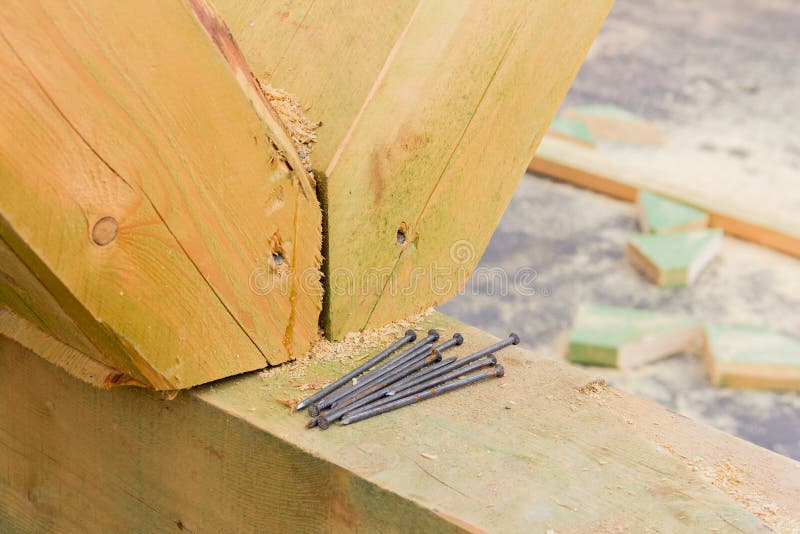 Construction Nails during the Construction of a Wooden House. Stock ...