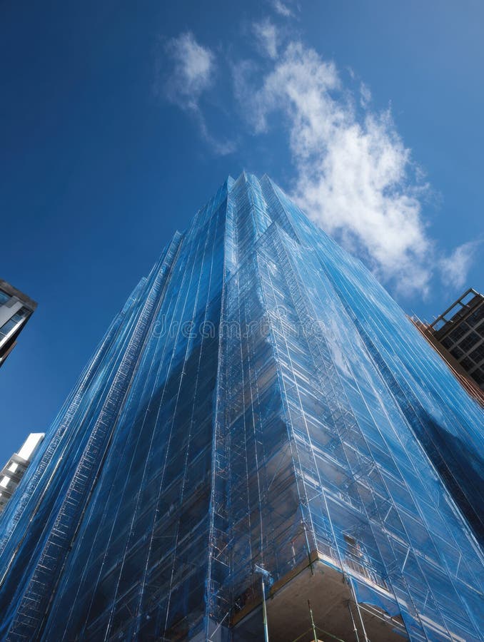 Construction Netting Envelops an Urban Building Under a Clear Blue Sky ...
