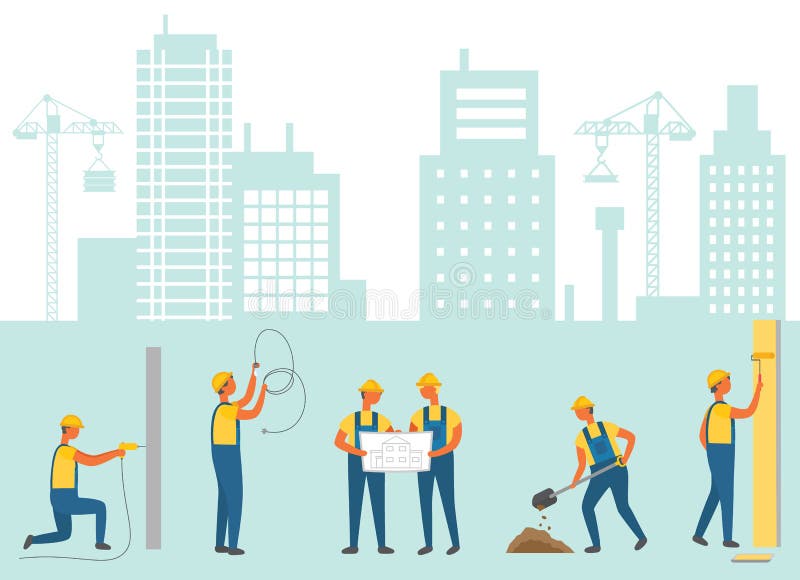 Construction of New City Infrastructure, Workers Stock Vector ...