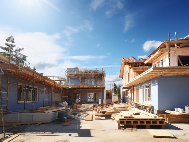 Construction of a New House on the Background of the Blue Sky. Stock ...