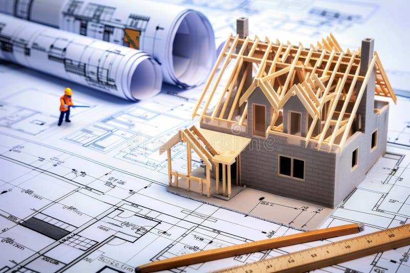 Construction of New House on Blueprints with Worker - Building ...