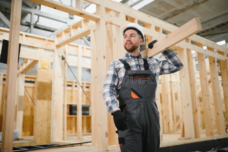Construction New and Modern Modular House. Worker Man in Protective ...