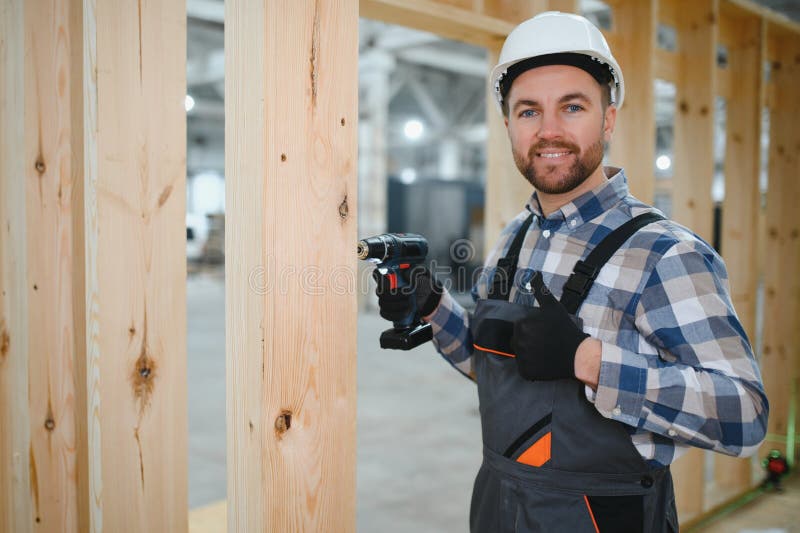 Construction New and Modern Modular House. Worker Man in Protective ...