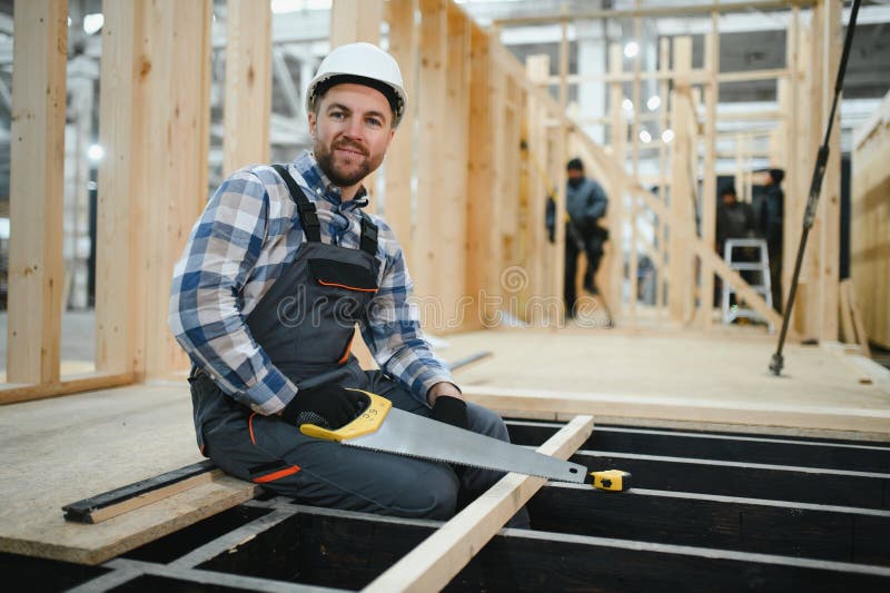 Construction New and Modern Modular House. Worker Man in Protective ...