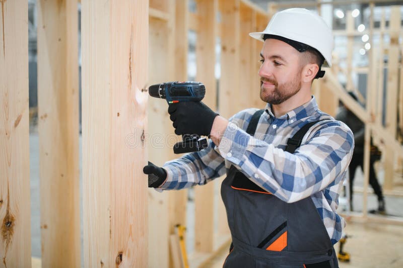 Construction New and Modern Modular House. Worker Man in Protective ...