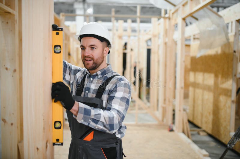 Construction New and Modern Modular House. Worker Man in Protective ...