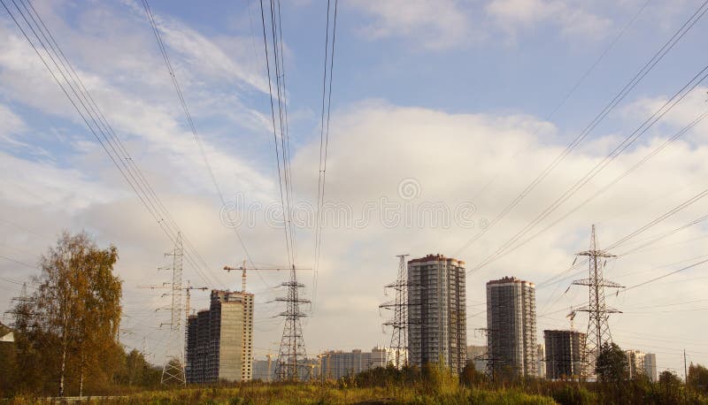 Construction of a New Residential Area, Power Lines and Many Wires ...