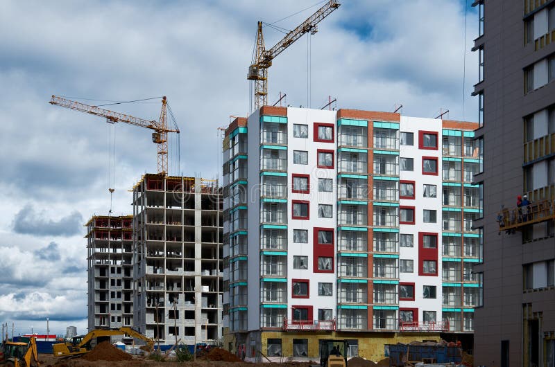 Construction of New Residential Buildings: Construction Site with Crane ...