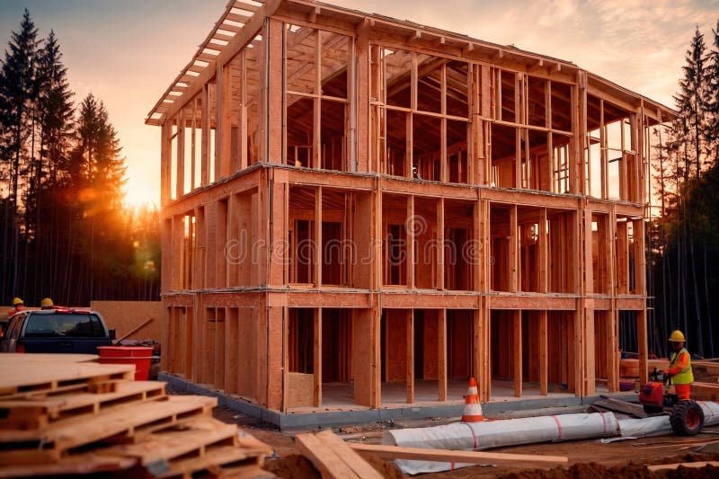 Construction of New Residential House, Building Framework Work Site ...