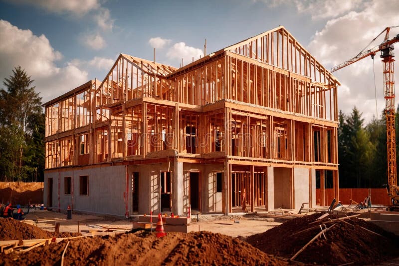 Construction of New Residential House, Building Framework Work Site ...