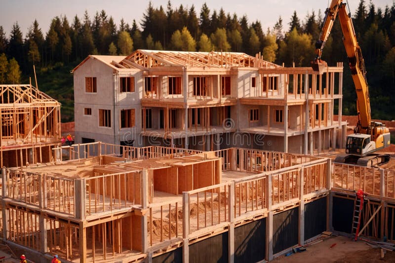 Construction of New Residential House, Building Framework Work Site ...