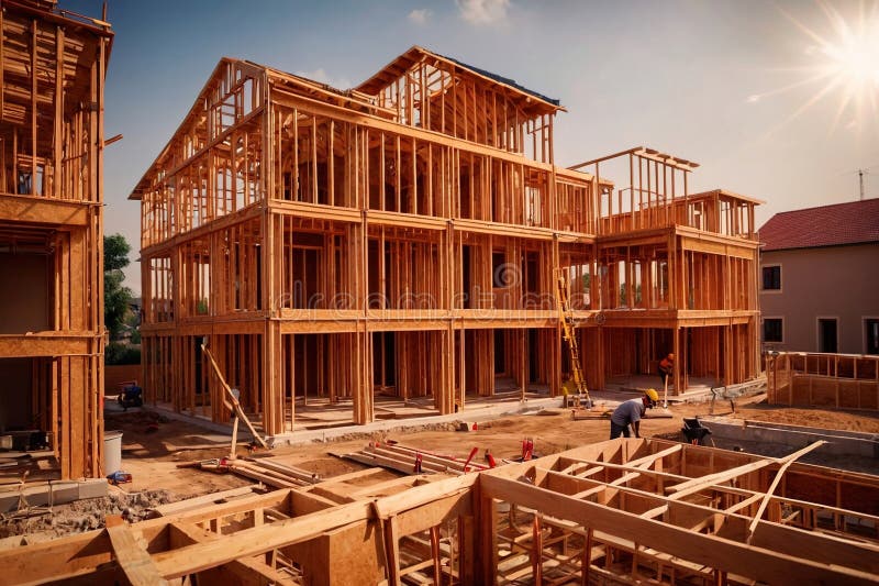 Construction of New Residential House, Building Framework Work Site ...