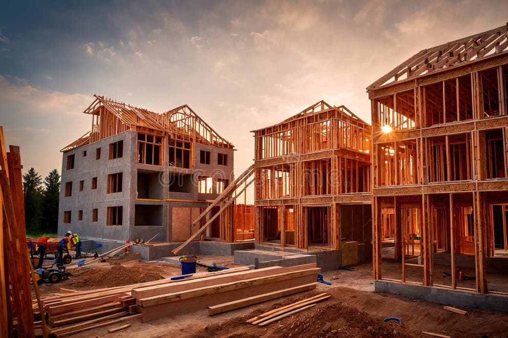 Construction of New Residential House, Building Framework Work Site ...