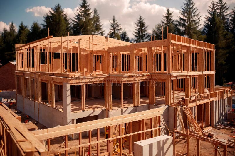 Construction of New Residential House, Building Framework Work Site ...