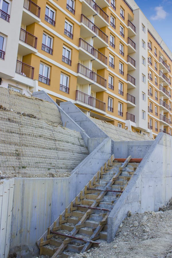 Construction of a New Stairs in Front of Apartment Building Stock Photo ...