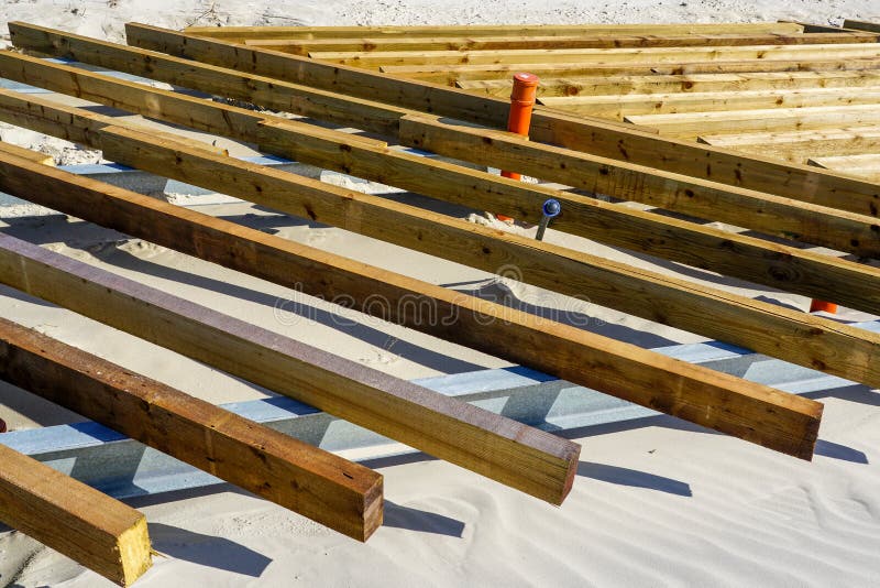 Construction of a New Wooden Board Terrace on the Sandy Beach Stock ...