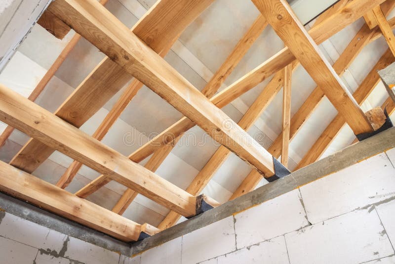 Construction of a New Wooden Roof. Inside View, Wooden Structure Stock ...