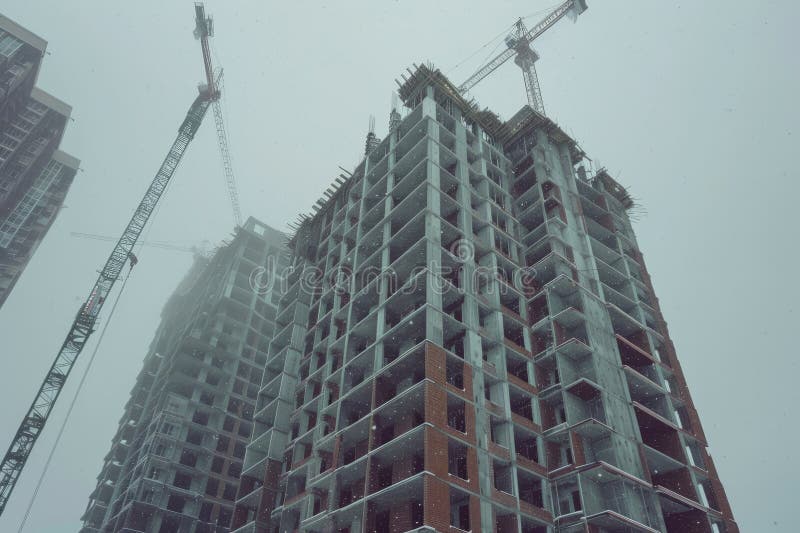 Construction of a Nine-story Building with High-tech Cranes Stock ...